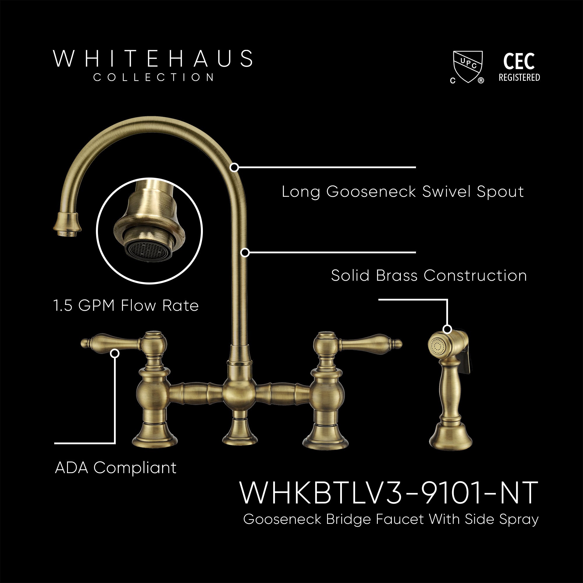 Bridge Faucet with Long Gooseneck Swivel Spout, Lever Handles and Soli ...