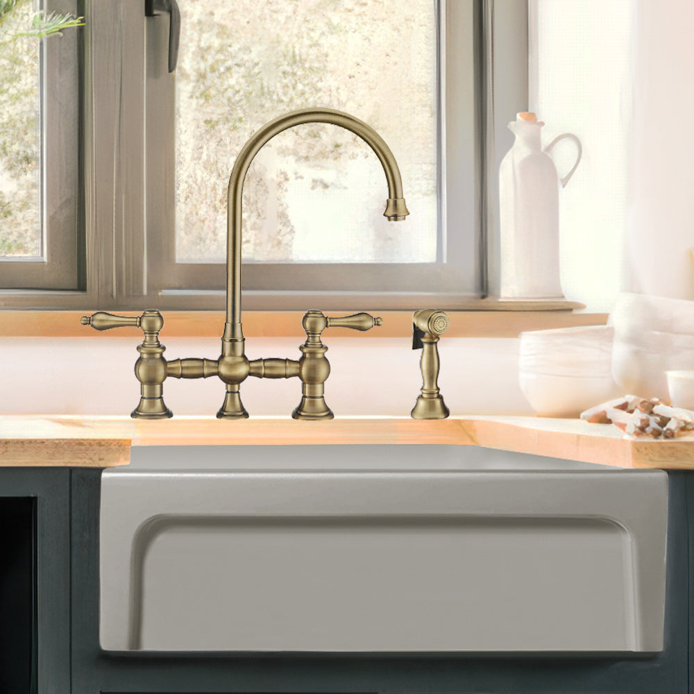 Bridge Faucet with Long Gooseneck Swivel Spout, Lever Handles and Soli ...