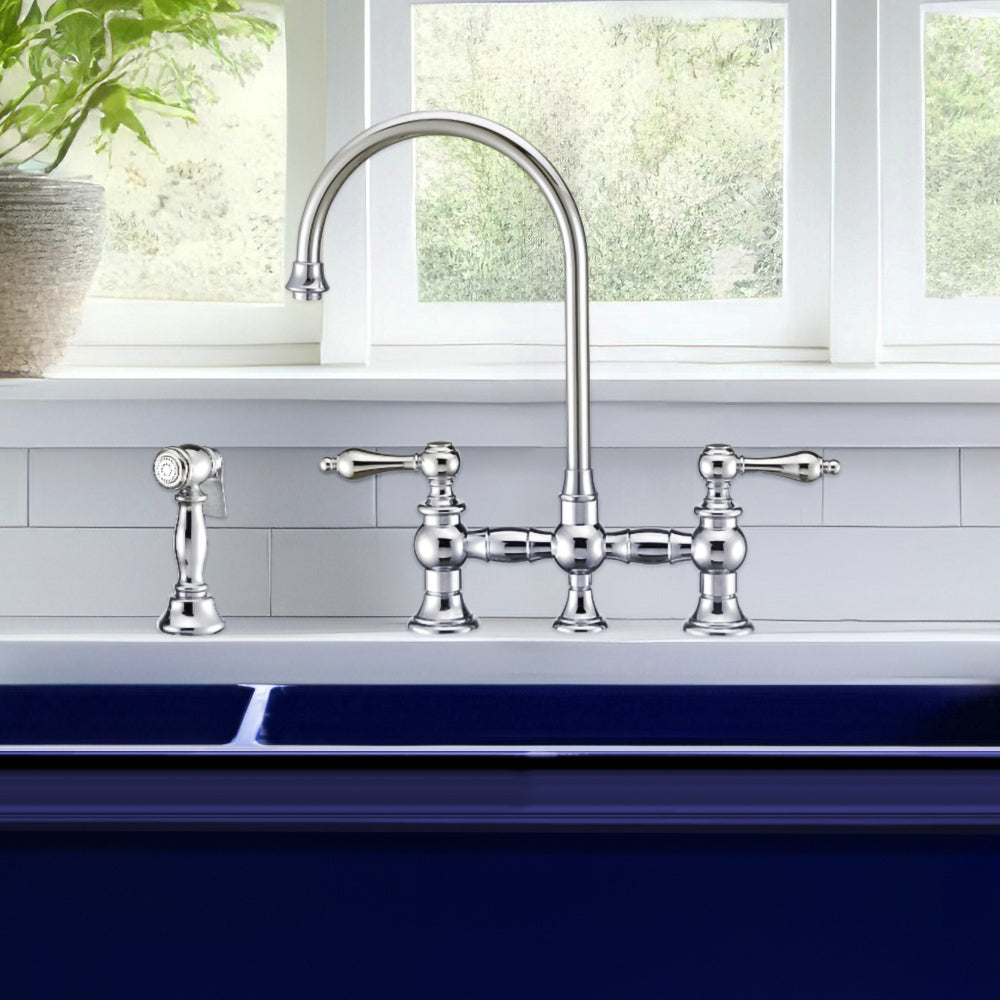 Bridge Faucet with Long Gooseneck Swivel Spout, Lever Handles and Soli ...