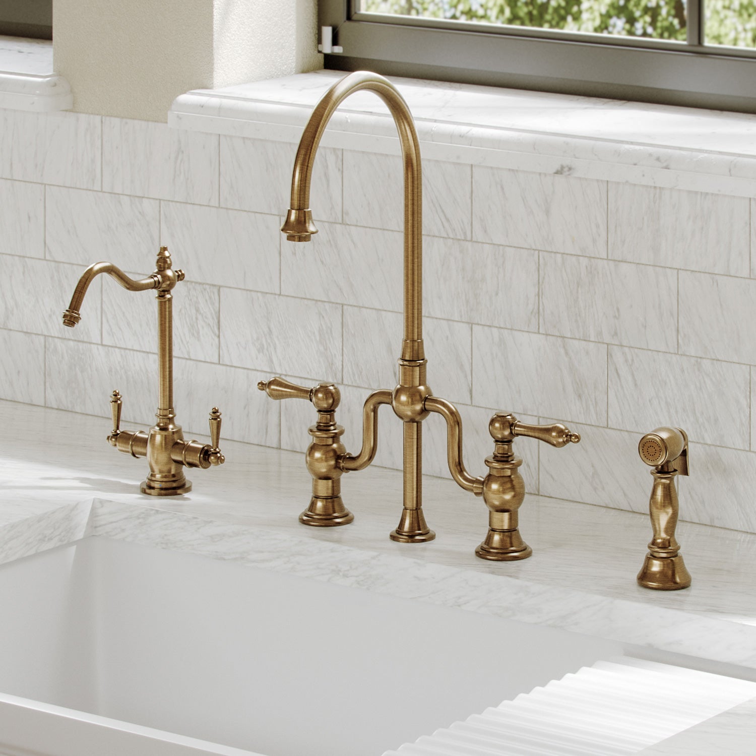 Bridge Faucet with Gooseneck Swivel Spout, Lever Handles and Solid Bra ...